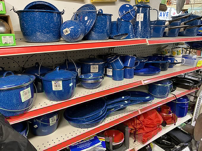 Blue speckled enamelware that would make your camping buddies jealous and your Instagram followers think you've gone full pioneer.