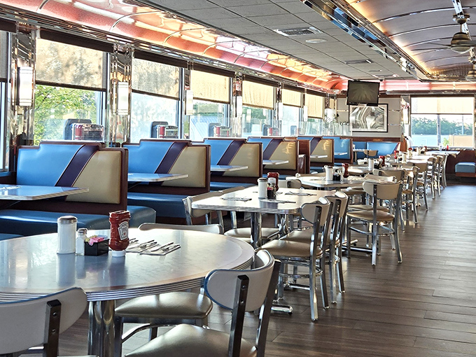 Blue vinyl booths lined up like soldiers – comfortable enough for a three-hour catch-up session but firm enough to keep you from napping after pie.