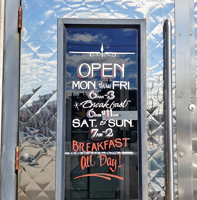 The door promises "Breakfast All Day!" in lettering that might as well say "Abandon All Diets, Ye Who Enter Here."