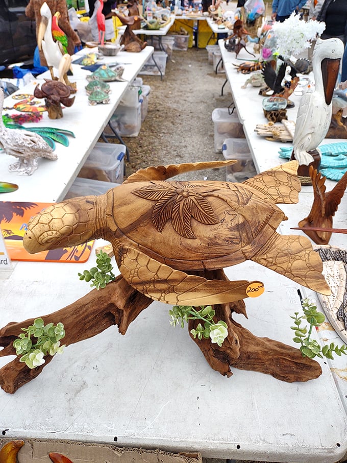 Woodcarving elevated to art – this sea turtle seems ready to swim off its driftwood perch, capturing Florida's coastal spirit in warm grain.