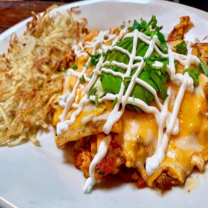 Chilaquiles that could cure any hangover – a mountain of tortilla chips, cheese, and sauce that's basically breakfast therapy on a plate.