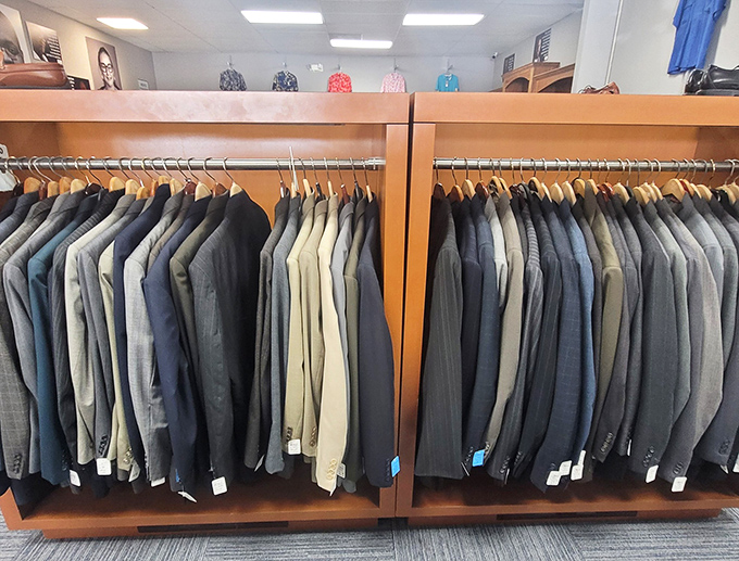 The suit section rivals any department store display—except these professional wardrobes come with prices that won't require a second mortgage.