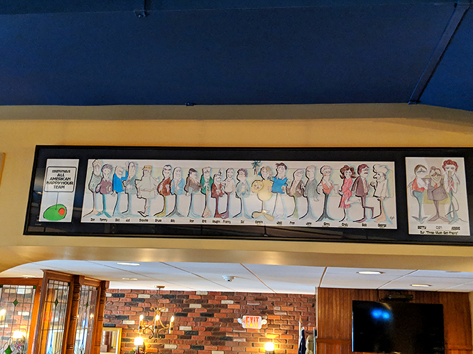 Whimsical wall art that reminds you restaurants used to have personality before they all became Instagram backdrops.