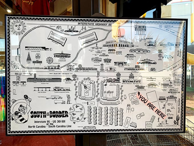 The property map reveals South of the Border isn't just a stop—it's an empire of roadside attractions that expanded like a carnival on steroids.