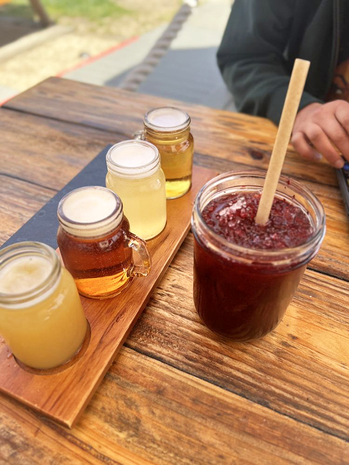 A flight of local brews served in mason jars—because what pairs better with seafood than cold beer in unpretentious glassware? California casual at its finest.