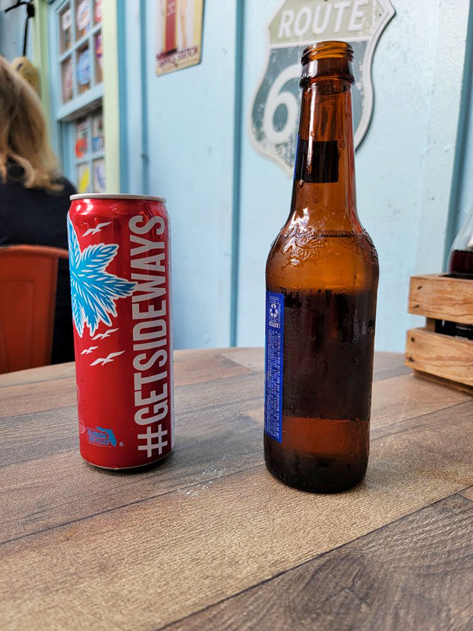 Key West's perfect pairing—a cold beer and local brew, standing at attention like refreshment soldiers ready for duty against the Florida heat.