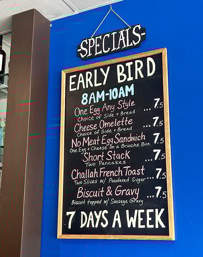 Early bird specials that make waking up worthwhile. Seven-fifty for challah French toast? That's cheaper than therapy and just as effective.