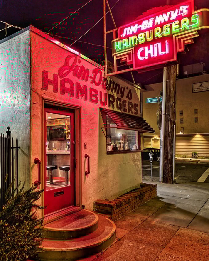 Night transforms Jim Denny's into a neon-lit temple of temptation. That glow isn't just electricity—it's the aura of decades of delicious memories.