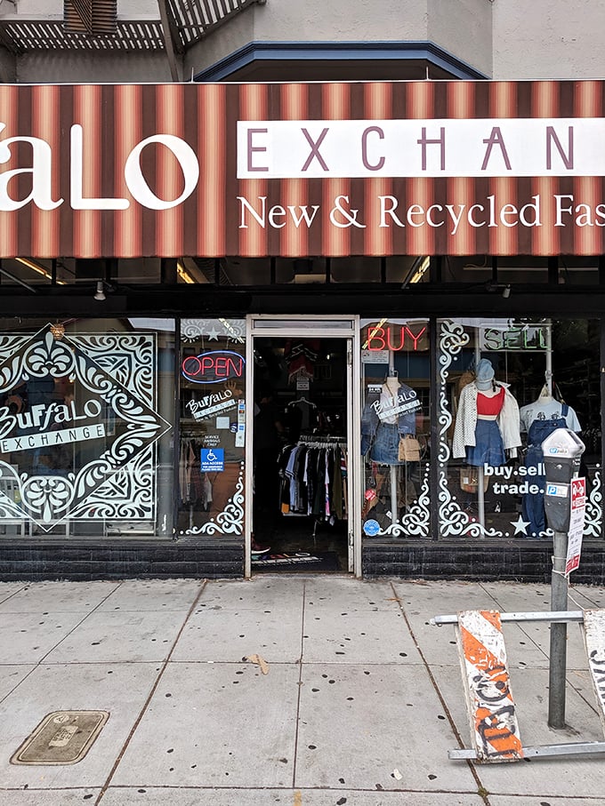 "Buy, Sell, Trade" isn't just a business model—it's a sustainable fashion philosophy behind those decorated windows.
