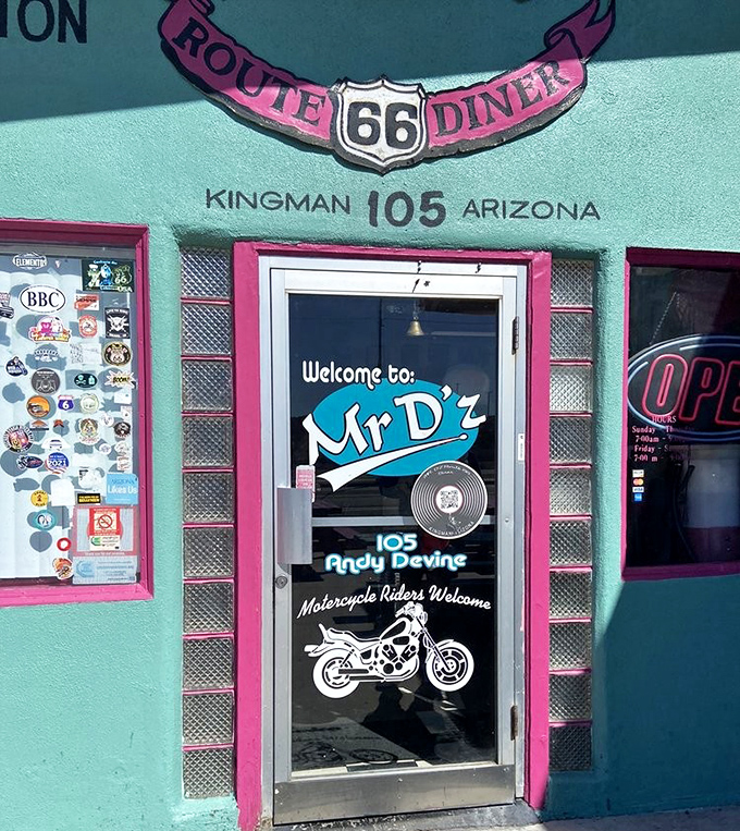 The entrance doesn't just welcome you—it promises a journey through American food history with motorcycle riders especially invited.