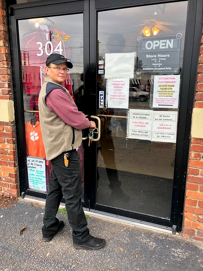 The moment of entry – where thrifting adventures begin! Every push of this door leads to discoveries that big-box stores simply can't provide