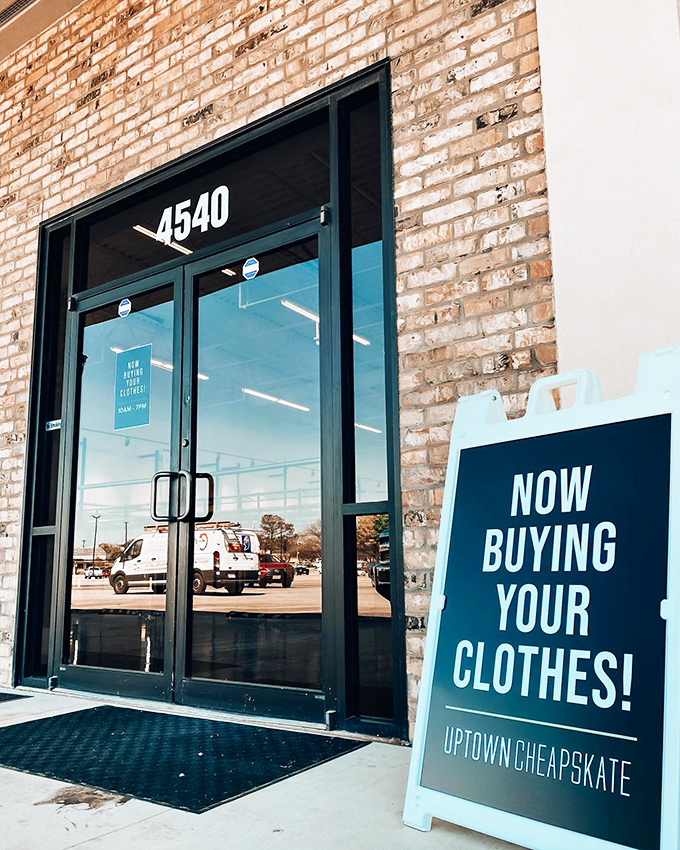 "Now Buying Your Clothes!"—the sign that keeps this fashion ecosystem thriving. One door leads to a world of affordable style possibilities.