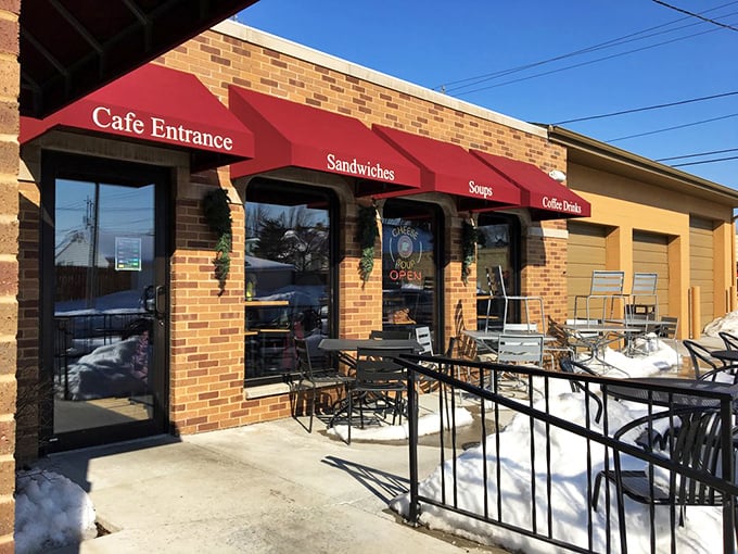 Winter can't stop Wisconsin's cheese pilgrims—those red awnings serve as beacons of hope in a snow-covered landscape.