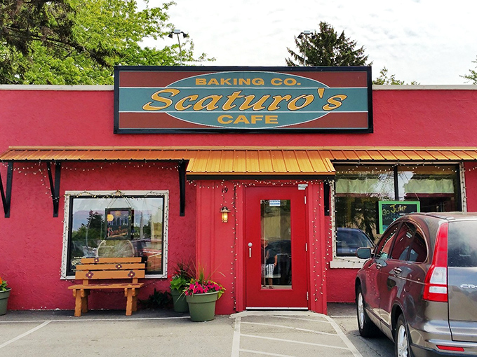 The storefront announces itself with no-nonsense Midwestern charm—a red building that promises good food without pretension, just honest deliciousness inside.