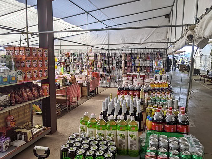 A convenience store mirage in the marketplace desert. From beverages to household essentials, this vendor has all the necessities you forgot at home.