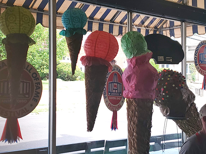 These whimsical ice cream cone decorations dangle like sweet reminders that in a world of serious problems, sometimes joy comes in waffle form.