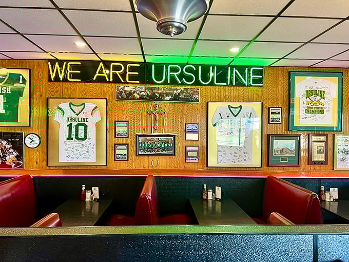 Local pride on display with Ursuline memorabilia—where hometown sports heroes are celebrated alongside Italian-American classics.