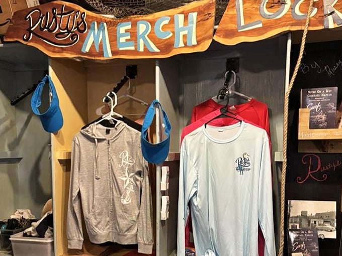 Even the merchandise corner has that authentic coastal charm. Wear your Rusty's gear with pride – you've found the real Florida.