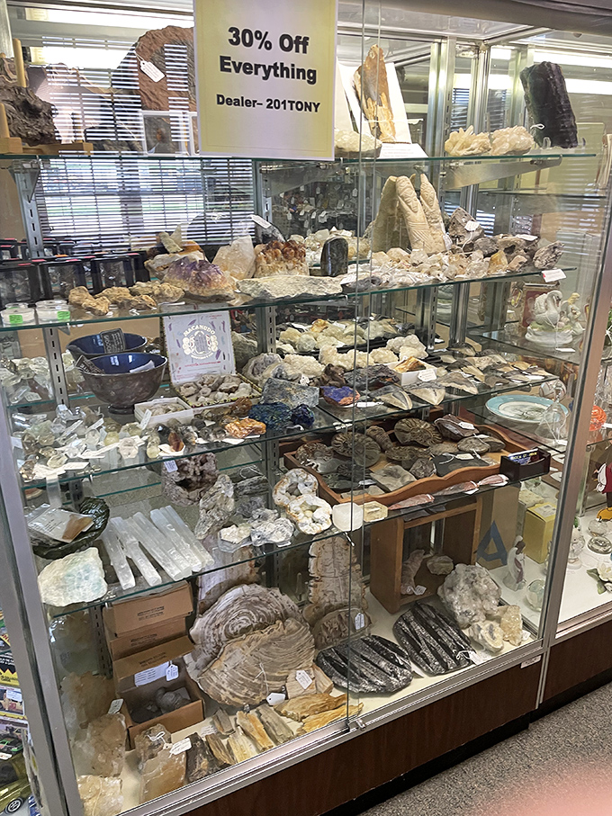 Nature's artwork on display—these minerals and crystals formed over millennia, only to end up in a glass case in Hanover, Pennsylvania.