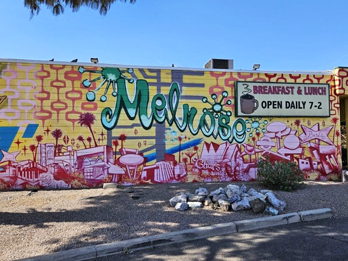 The colorful "Melrose" mural nearby captures Phoenix's vibrant spirit—a perfect post-breakfast stroll destination.