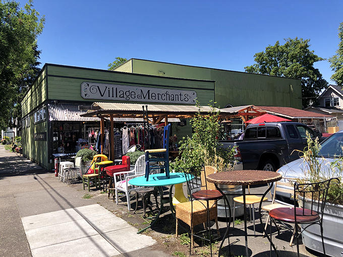 Outdoor furniture basking in rare Portland sunshine, like retired actors still ready for their close-up and a second act in your backyard.
