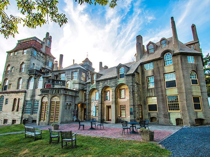 The castle's exterior patio offers a moment of calm after the sensory symphony inside—though those concrete walls still whisper artistic secrets.