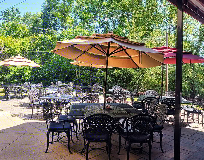 The outdoor patio at Giammarco's—where summer evenings, good wine, and great conversation come together under umbrellas and Ohio skies.