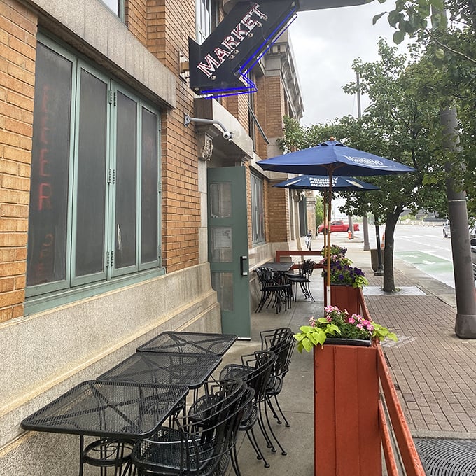 Sidewalk seating at West Side Market Café lets you people-watch while you waffle-watch—both activities equally satisfying on a Cleveland morning.