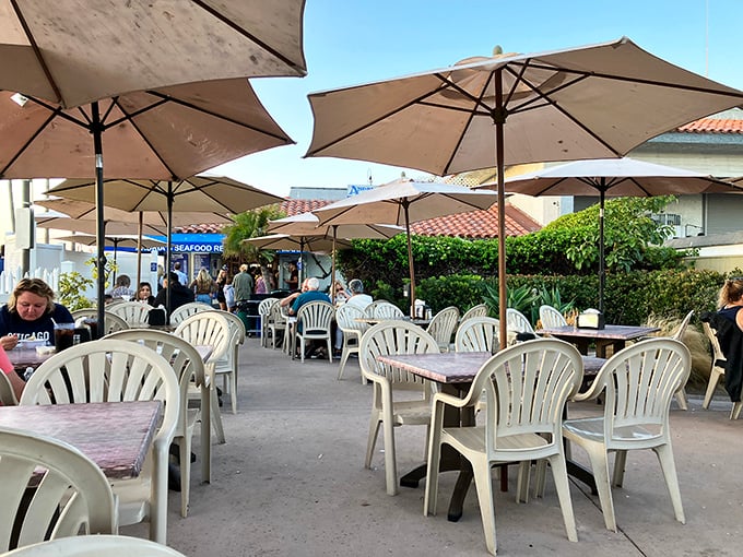 Outdoor umbrellas provide shade while you contemplate ordering seconds (spoiler: you will).