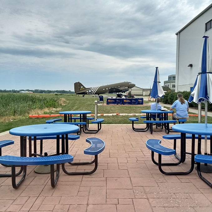 Outdoor tables with a view of vintage aircraft – only in Ohio can lunch come with an impromptu airshow.
