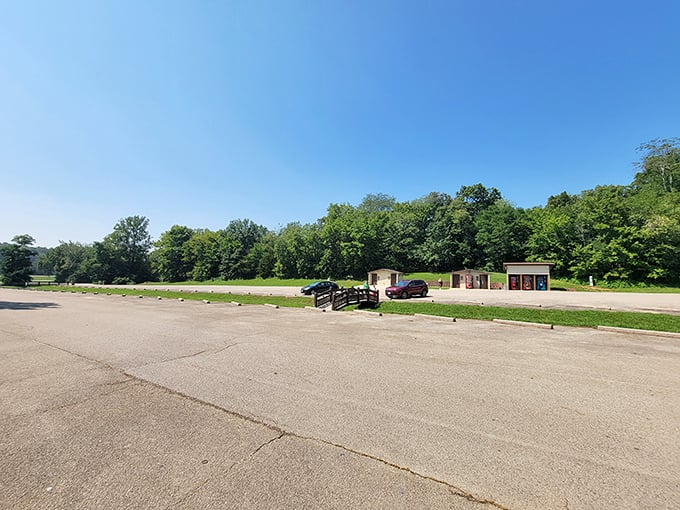 The unassuming parking area belies the natural wonders waiting just beyond—like finding a five-star experience with no reservation required.