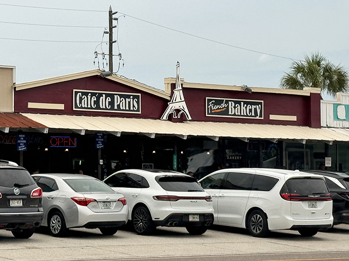 Even the parking lot tells a story—cars lined up like eager diners waiting for their turn at culinary bliss.