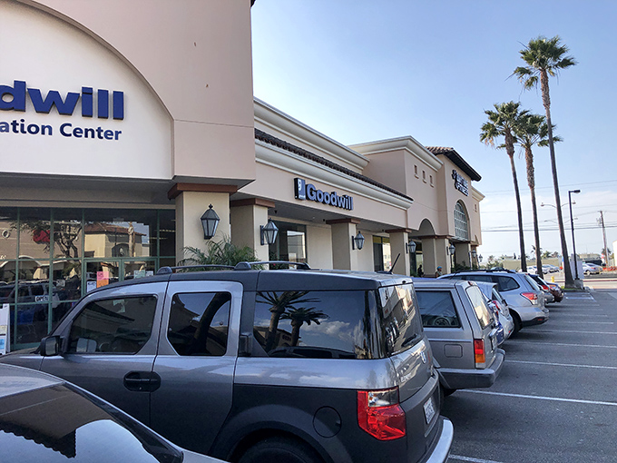 California sunshine bathes the parking lot of this thrift paradise, where cars arrive empty and leave filled with treasures.