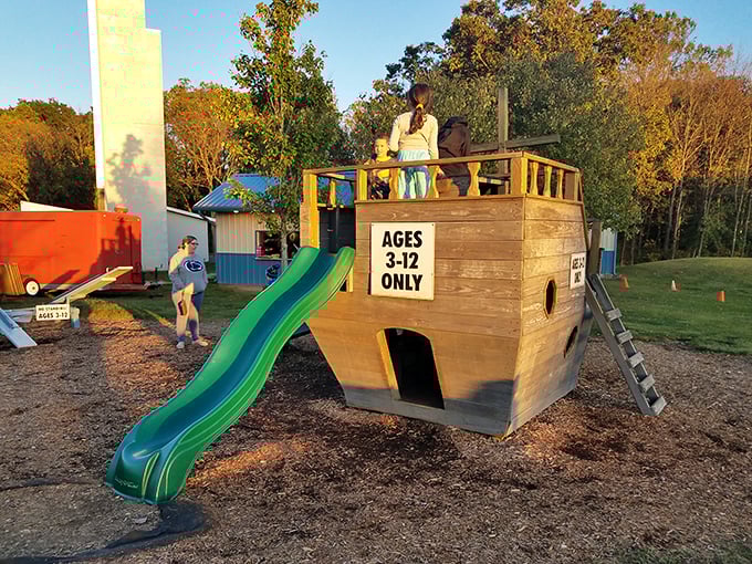 Ship ahoy! The playground's wooden boat gives young sailors something to navigate before diving into movie adventures. Parents appreciate the pre-show energy burn.