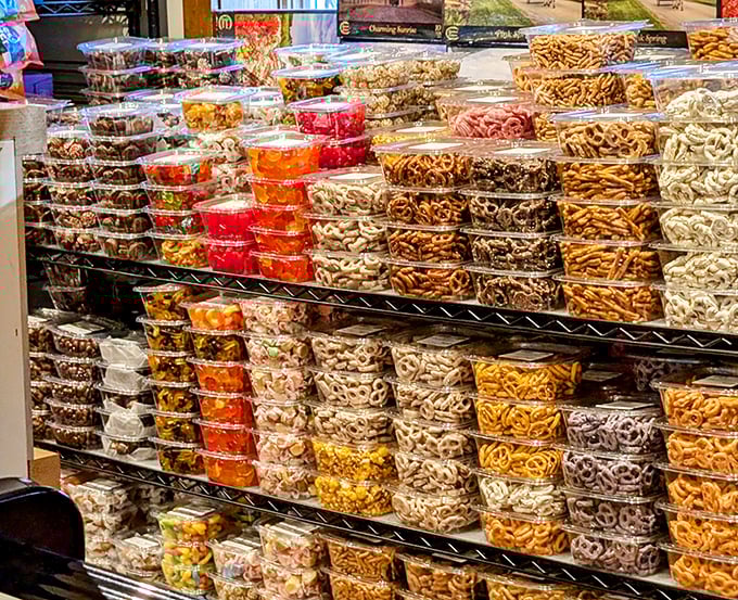 The snack section: where chocolate, crackers, and treats stand ready to complement your cheese selections. Partners in delicious crime.