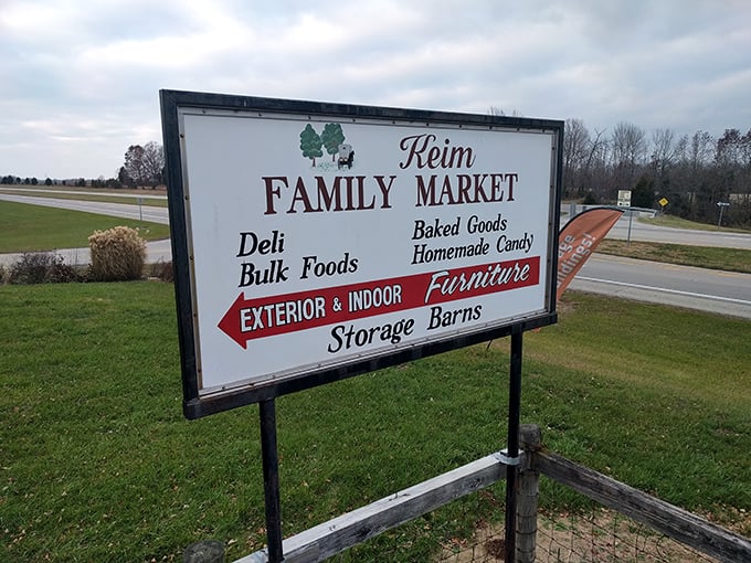 Roadside beacon of promise. This sign doesn't just tell you what's inside—it's practically a treasure map to deliciousness and handcrafted wonders.