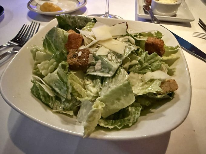 A Caesar salad that respects tradition – crisp romaine, proper dressing, and croutons that crunch like they mean it.