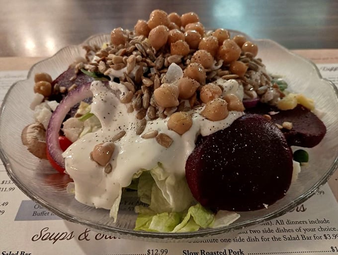 A salad that doesn't apologize for being healthy. Those beets and chickpeas aren't just nutritious—they're delicious co-conspirators in a symphony of textures.