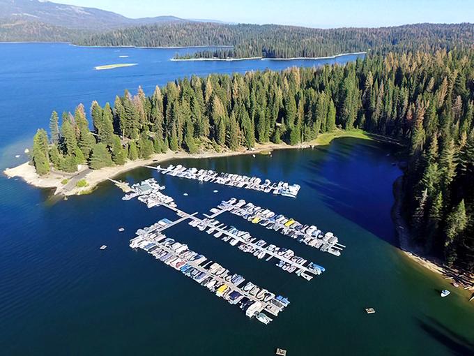 Marina life from above—where boats rest like contented ducks on nature's perfect pond.