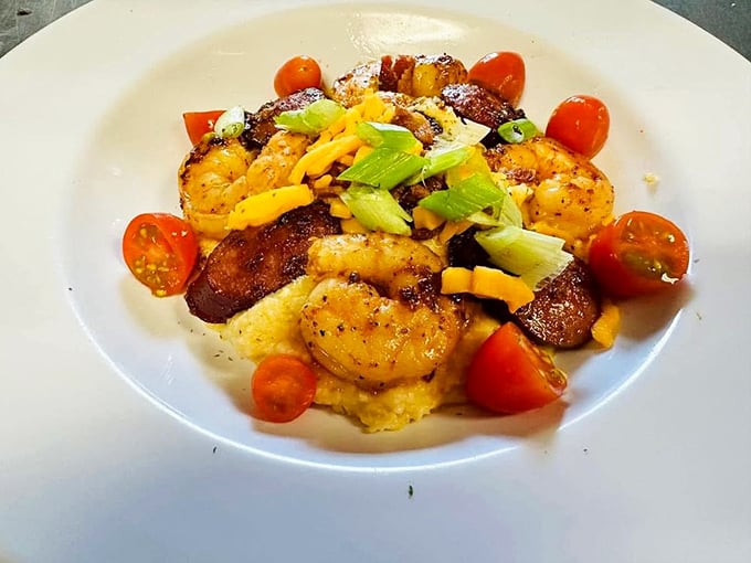Shrimp and grits proving that breakfast boundaries are meant to be deliciously shattered.