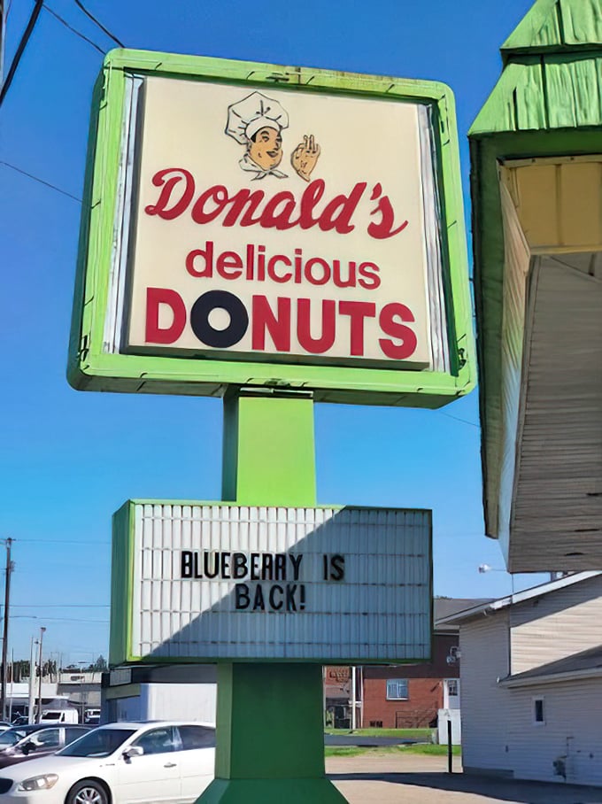 That vintage sign promises delicious donuts and delivers on every single sweet, glazed word.