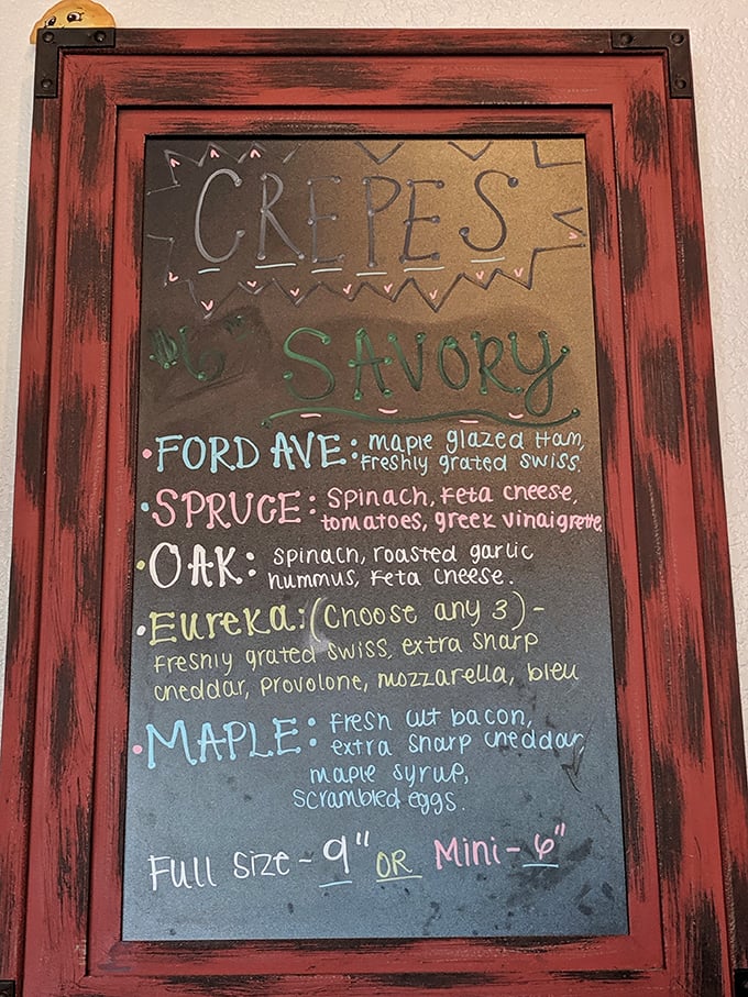 The savory crepe menu reads like poetry – "Ford Ave," "Spruce," "Oak" – street names or flavor journeys? In Wyandotte, they're both.