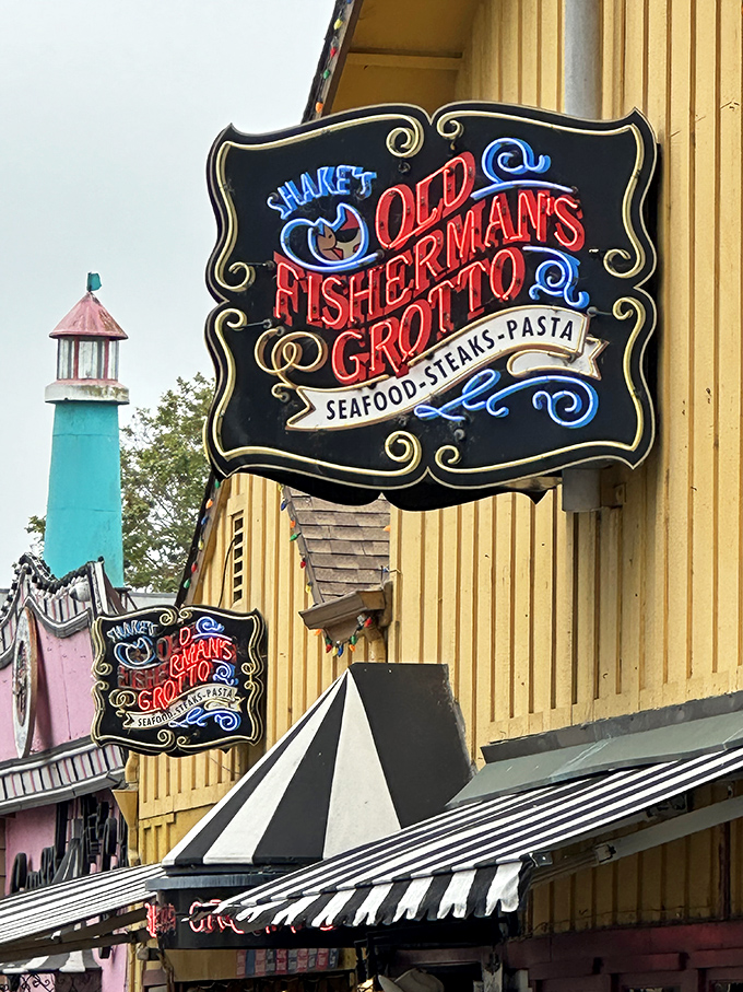 The sign promises seafood, steaks, and pasta, but what it really delivers is that increasingly rare combination—tourist-area location with actual culinary credibility.