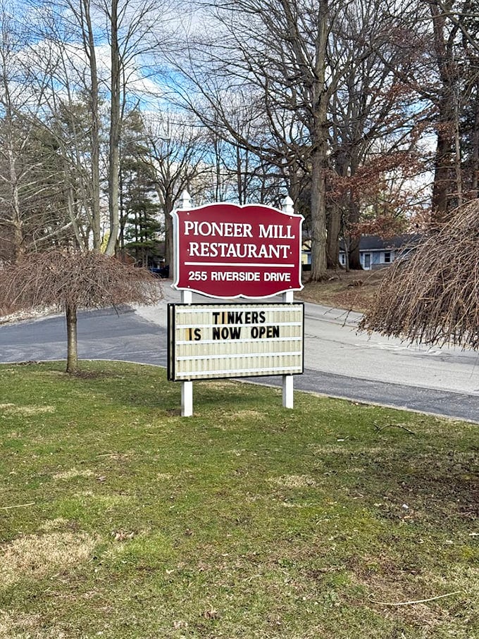 The roadside sign announces your arrival at a genuine Ohio treasure—255 Riverside Drive is where memories and meals come together.