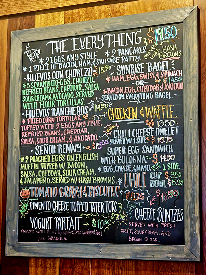 A chalkboard menu with more colorful options than a beach sunset. "The Everything" is practically daring you not to order it.