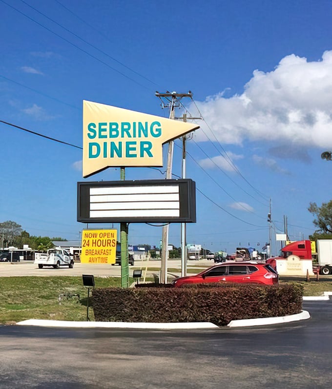 The roadside sign announces "Breakfast Anytime"—three syllables that rank among the most beautiful in the English language, right after "all-you-can-eat." 