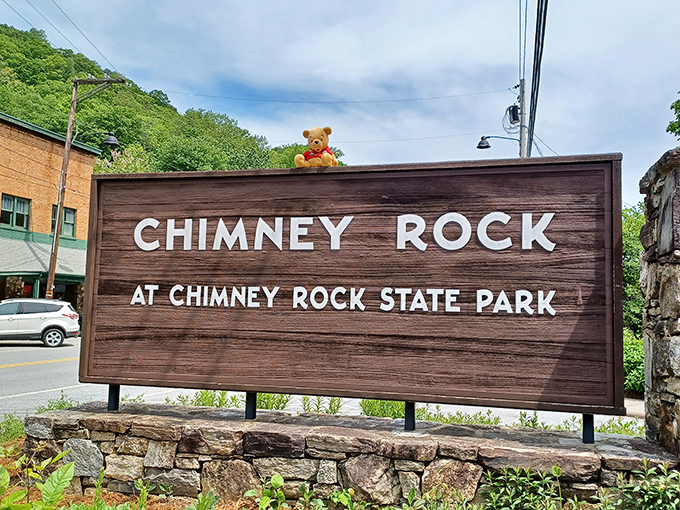 Even the park sign has a furry admirer – this teddy bear clearly knows where to find the best views in North Carolina.