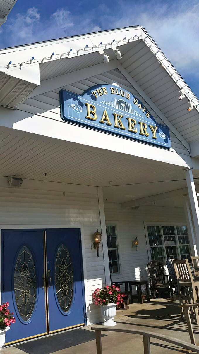 Those blue doors beneath the bakery sign might as well be portals to a parallel universe where calories are just a myth.