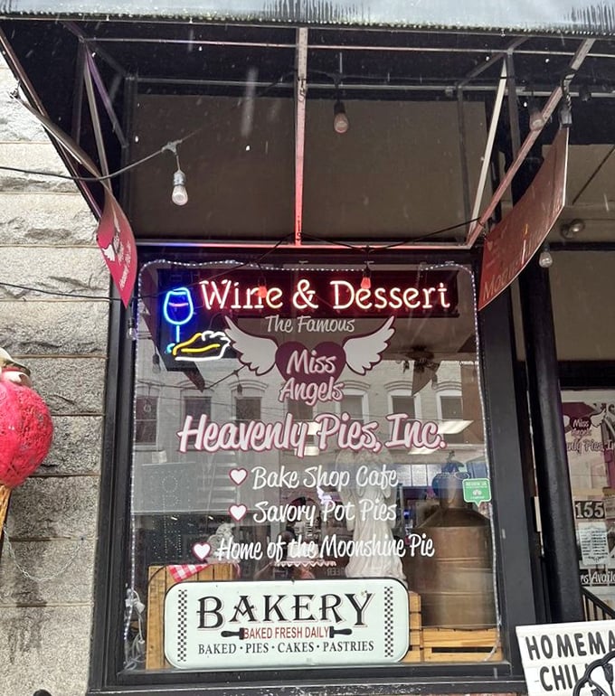 The neon sign promises "Wine & Dessert"—two words that, when combined, create the universal language of "You deserve this treat."