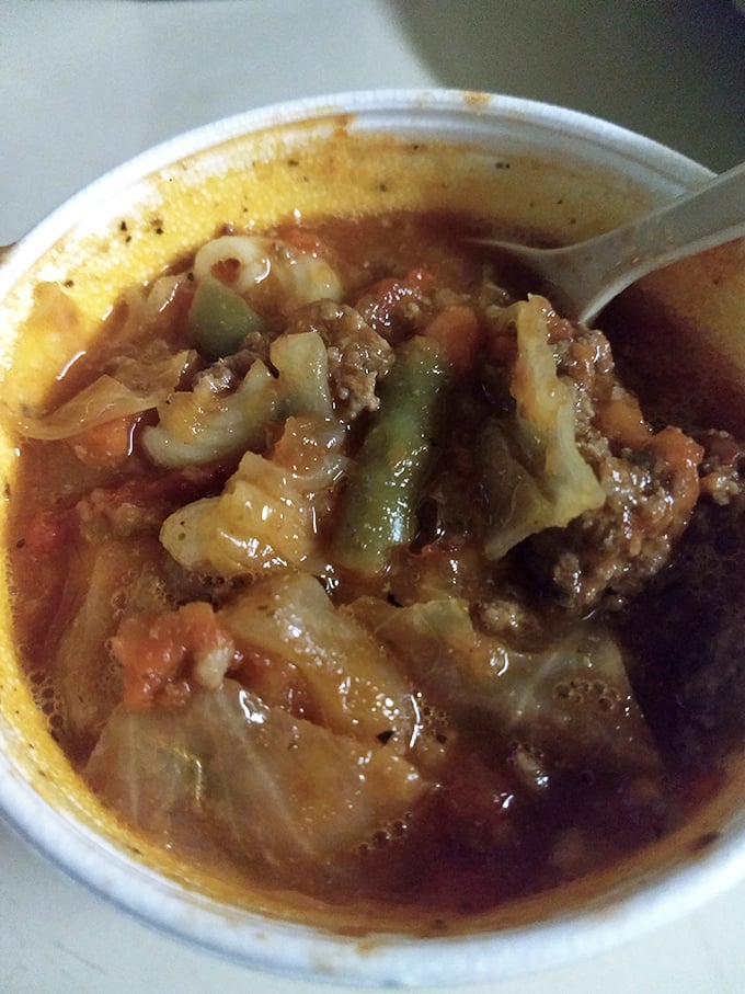 A hearty soup that looks like it could cure anything from a cold to a bad day – chunks of vegetables and meat swimming in savory harmony.
